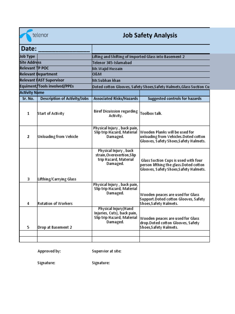 JSA For Lifting and Shifthing of Glass | PDF | Working Conditions ...