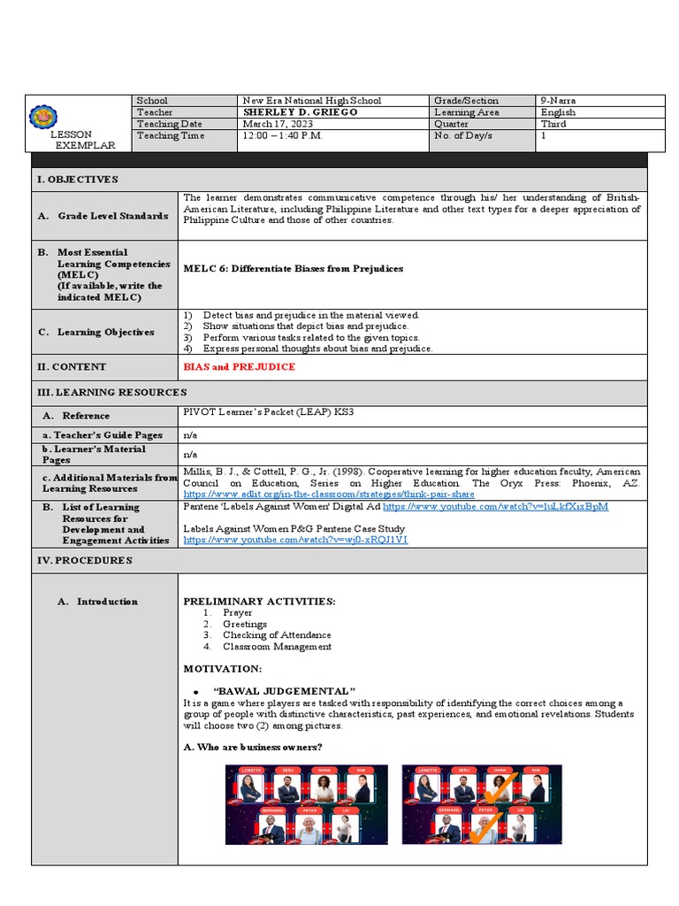 Lesson Exemplar/Plan/Guide in English 9 - Bias and Prejudices | PDF | Bias | Prejudices