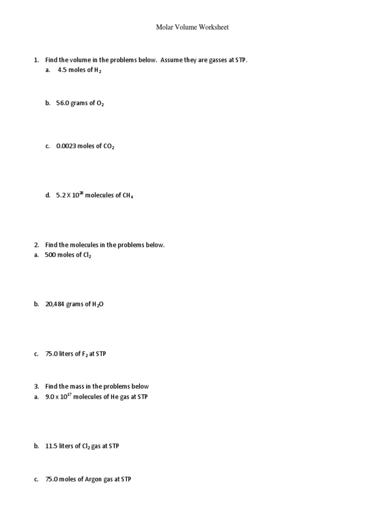 Molar Volume Worksheet | PDF