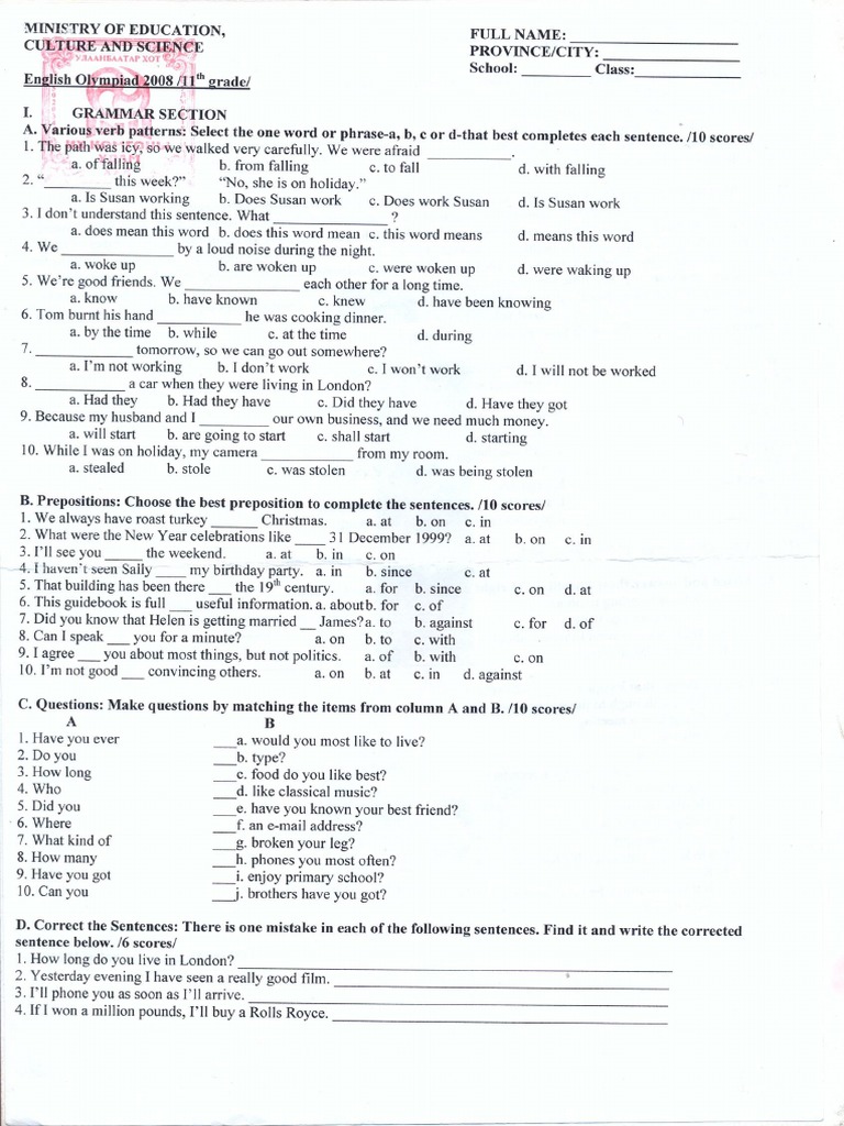 2008 Aimag English Olympics 11th Grade Test PDF | PDF