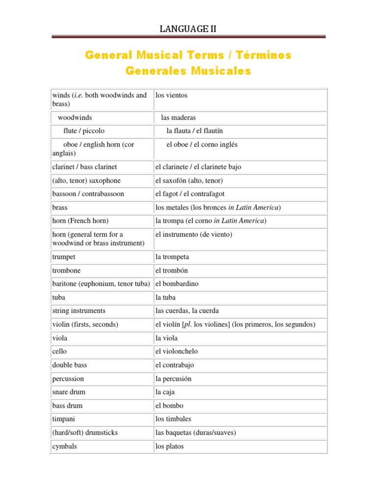 Términos Musicales en Español e Inglés | PDF | Notación | Organologia ...