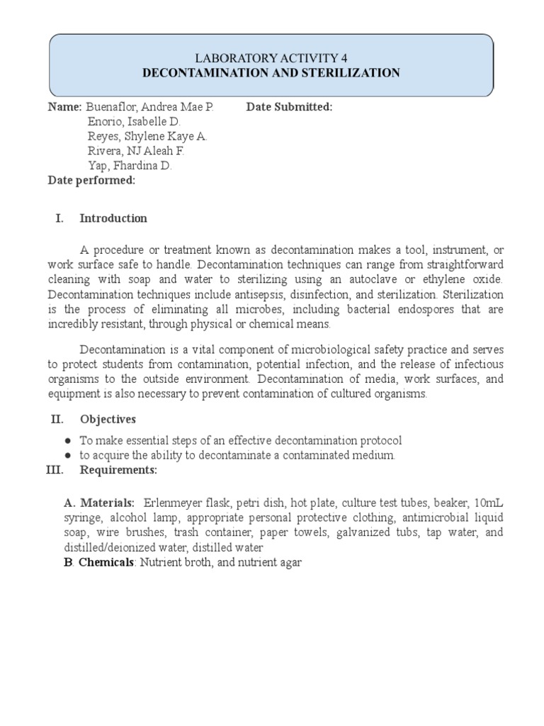 Laboratory Activity # 4 Decontamination & Sterilization | PDF | Sterilization (Microbiology) | Agar