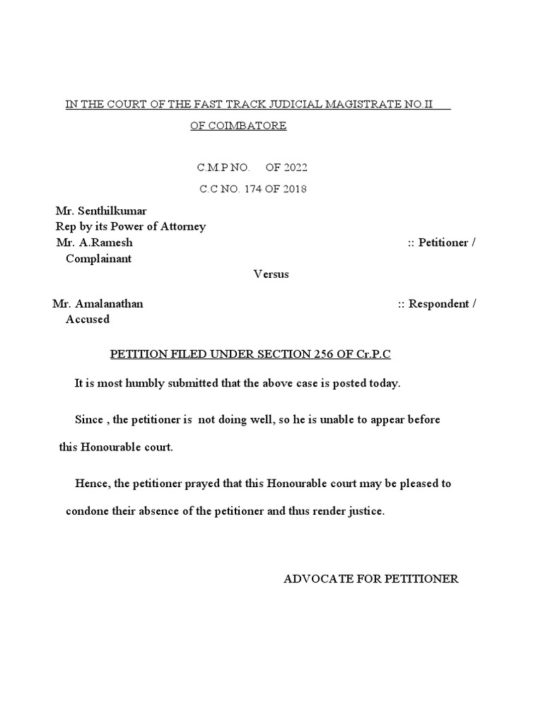 Petition for Absence Under CrPC 256 | PDF