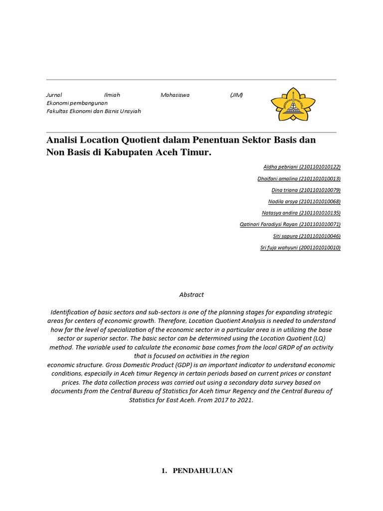 Jurnal Kelompok Ekonomi Regional Kabupaten Aceh Timur, Dalam Penentuan ...