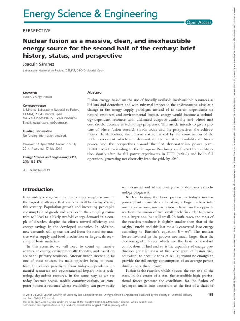 Energy Science Engineering - 2014 - S Nchez - Nuclear Fusion As A Massive Clean and ...