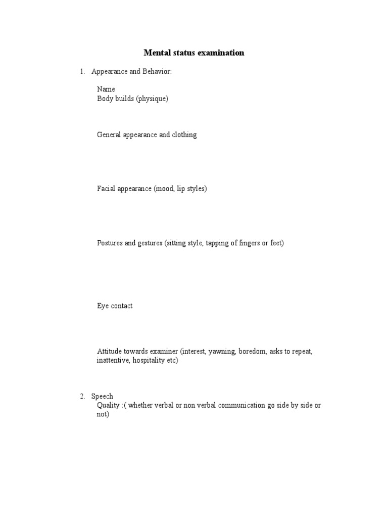 Mental Status Examination-Sample | PDF | Cognition | Psychology