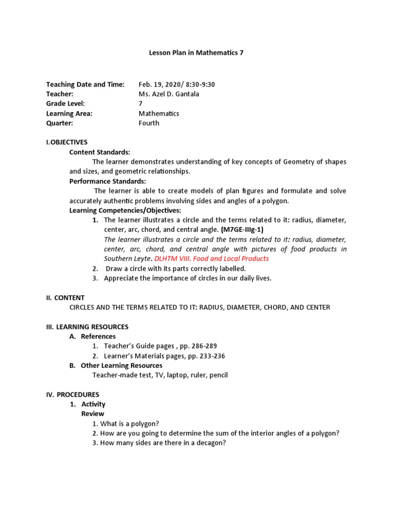 Grade 7 Math Lesson: Circle Concepts | PDF | Circle | Angle