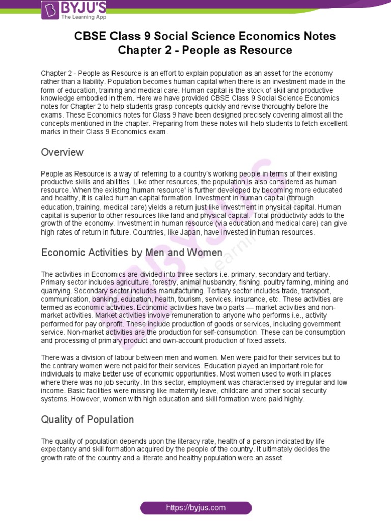 CBSE Class 9 Social Science Economics Notes Chapter 2 People As ...