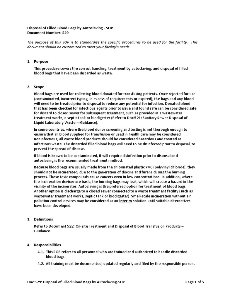 Blood Bag Disposal Procedures SOP | PDF | Waste Management | Waste