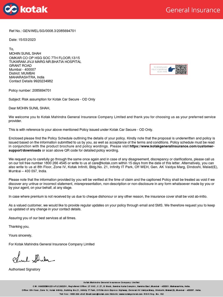 Support/downloads or Scan Above QR Code For Detailed Policy Wording ...