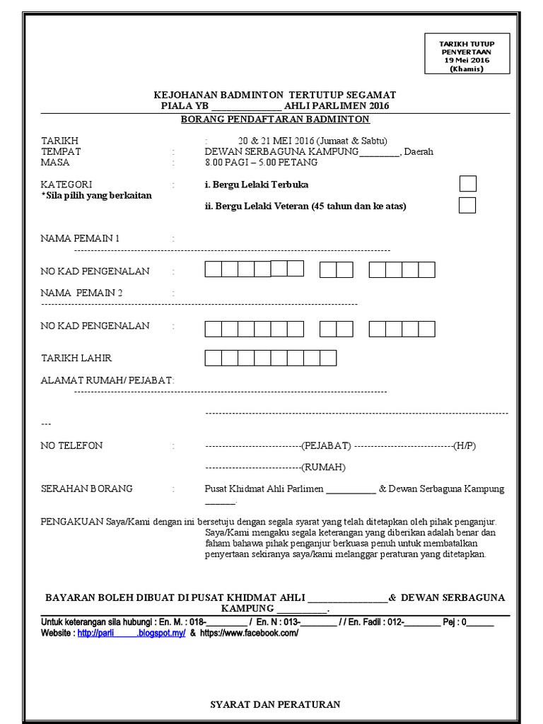 Borang & Peraturan Kejohanan Badminton | PDF