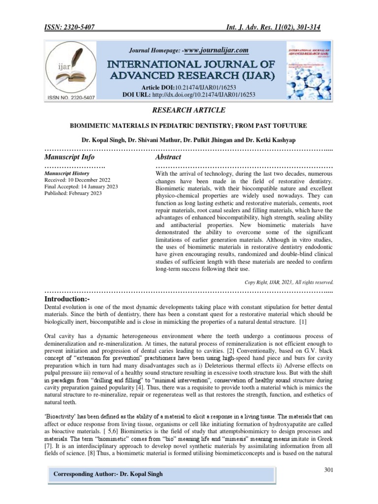 Biomimetic Materials in Pediatric Dentistry | PDF | Chemistry