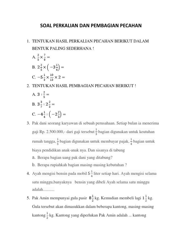 Soal Perkalian dan Pembagian Pecahan Kelas 6 | PDF