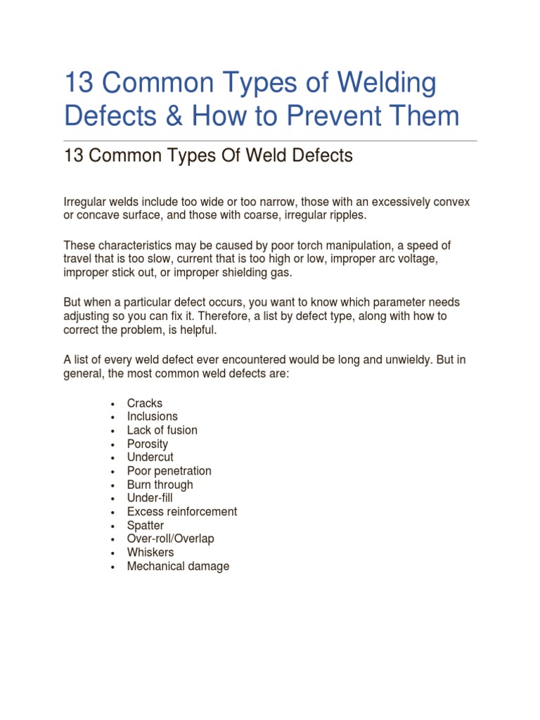 13 Common Types of Welding Defects PDF | PDF | Welding | Construction
