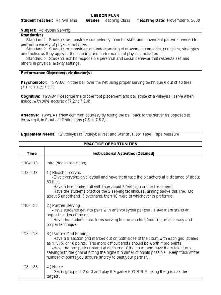 Mr. Williams' Volleyball Serving Lesson | PDF | Volleyball | Lesson Plan