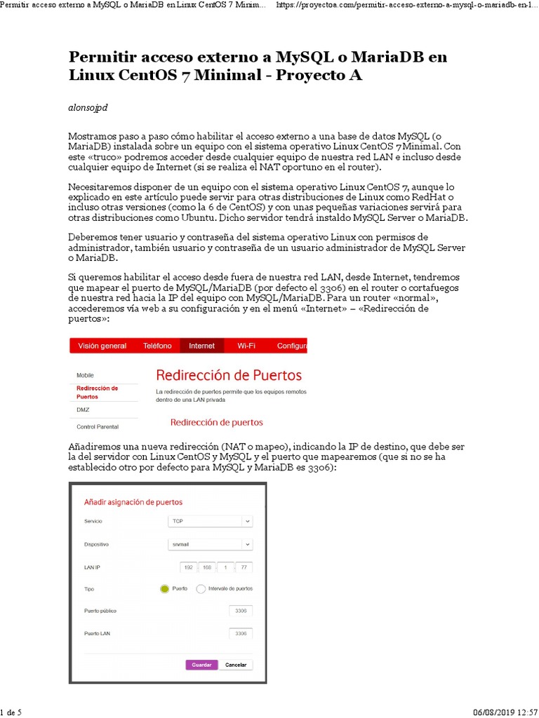 Configuración del acceso externo a bases de datos MySQL/MariaDB en Linux CentOS 7 | PDF | Mi sql ...