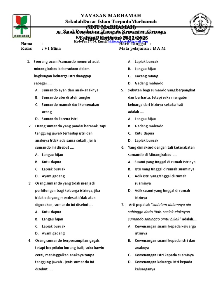 SOAL PTS Bam Kelas 6 Semester 2 | PDF