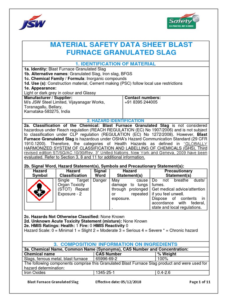 Msds of Bfgs Slag | PDF | Dangerous Goods | Manganese