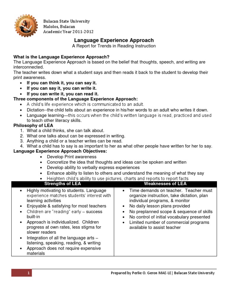Language Experience Approach Handout | PDF | Reading (Process ...