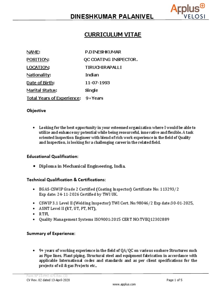 Dinesh Kumar CV | PDF | Pipe (Fluid Conveyance) | Welding