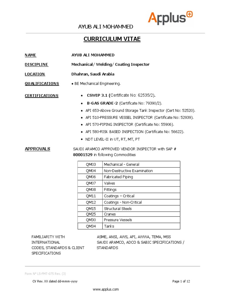 Ayub Ali Mohammed CV | PDF | Pump | Pipe (Fluid Conveyance)