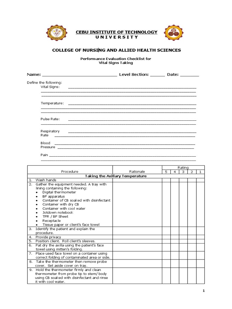 Vital Signs Taking Checklist Without Rationale | Download Free PDF ...