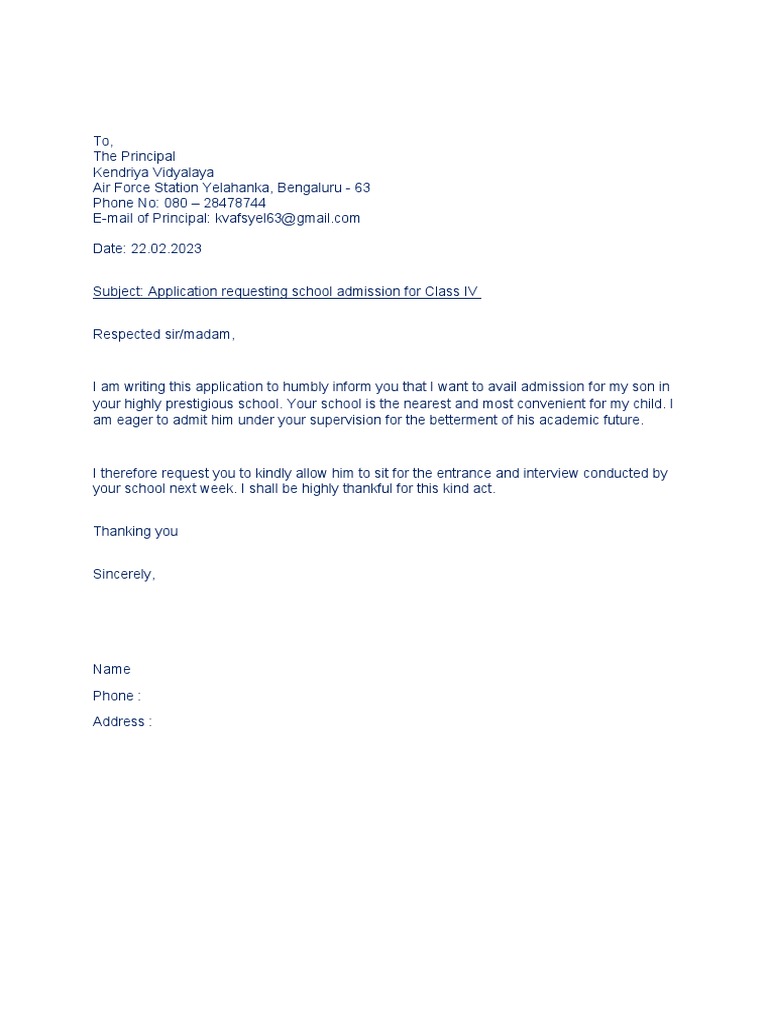 Letter of Request For Admission Class IV | PDF