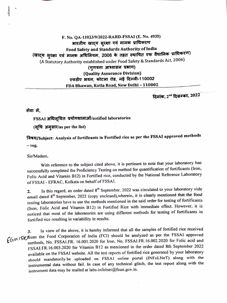 FSSAI Guidelines for Fortified Rice Testing | PDF | Liquid ...