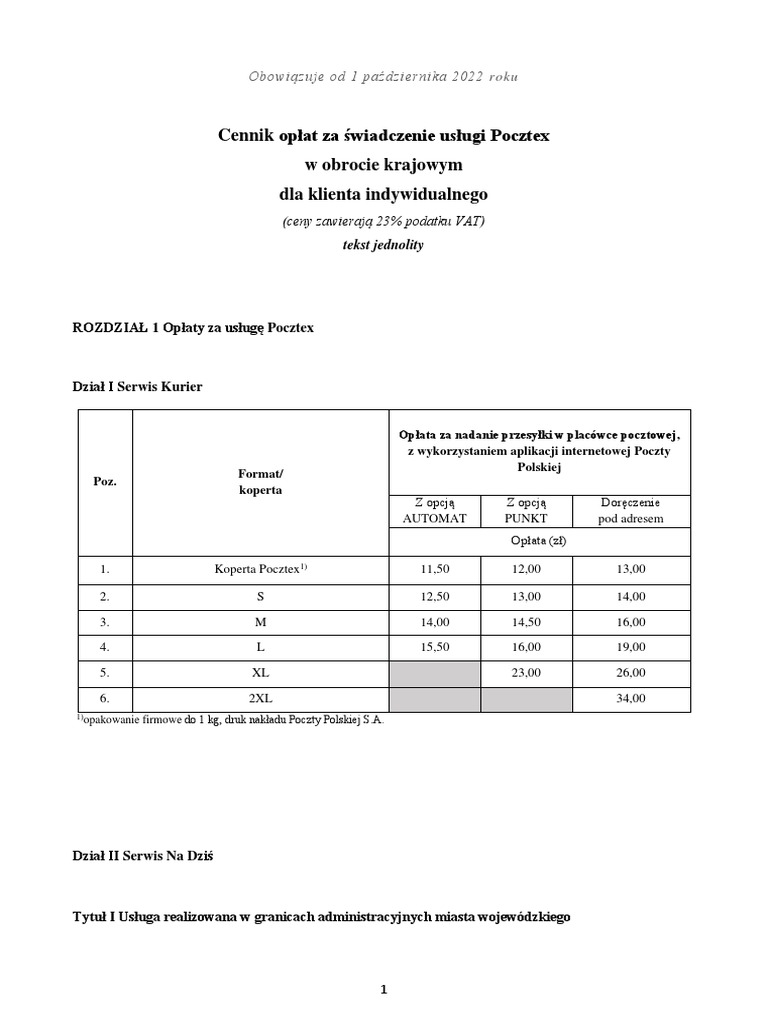 Cennik Oplat Za Swiadczenie Uslugi Pocztex W Obrocie Krajowym Dla Klienta Indywidualnego | PDF