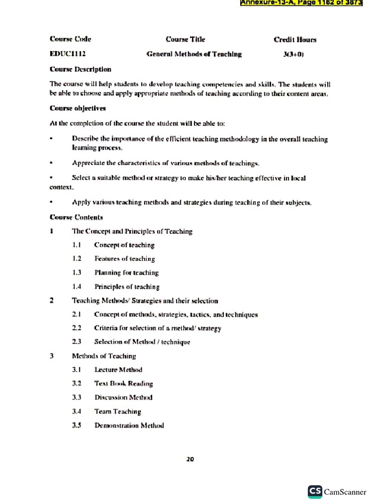 General Methods of Teaching Course Outline PDF | PDF