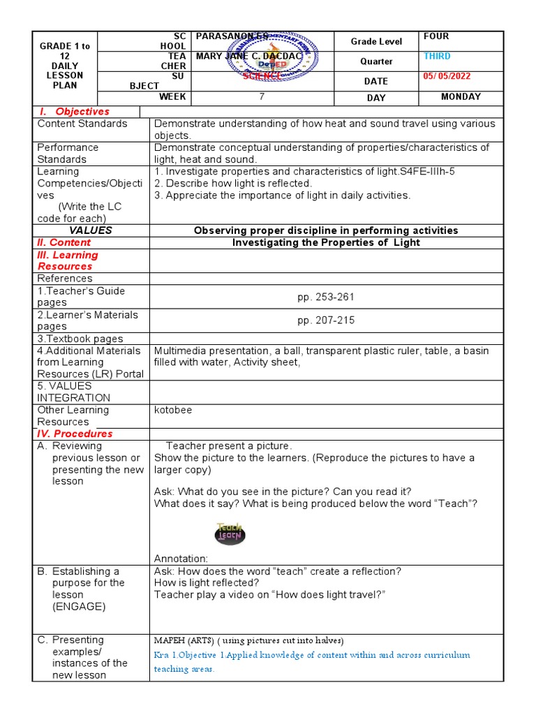 DLP Science Q3 - Classroom Observation | PDF | Reflection (Physics ...