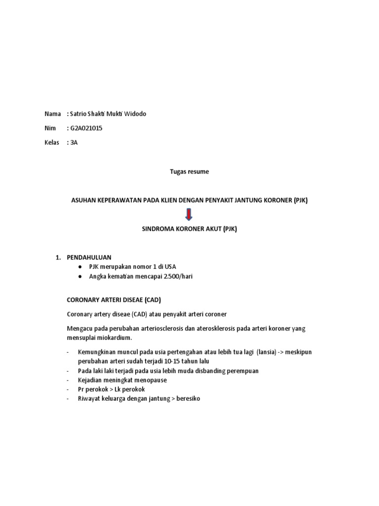 Resume Tugas Asuhan Keperawatan Pada Klien Dengan Penyakit Jantung Koroner (PJK) | PDF