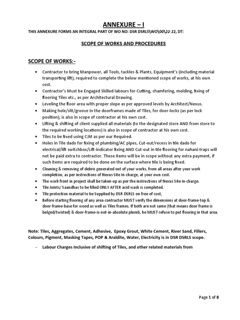 Annexure - I: Scope of Works | PDF | Flooring | Employment