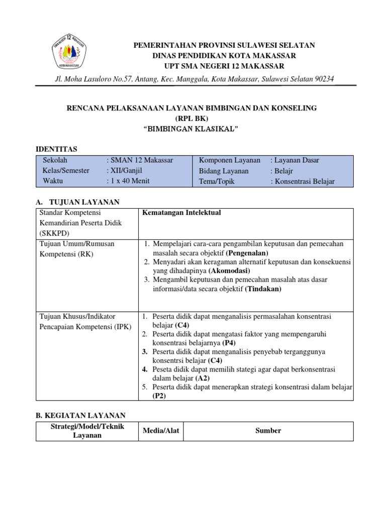 RPL Bimbingan Klasikal Bidang Belajar | PDF