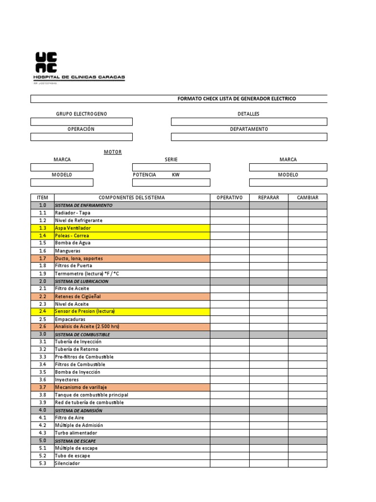 Check List Generador HCC Borrador | PDF | Ingeniería mecánica | Bienes manufacturados