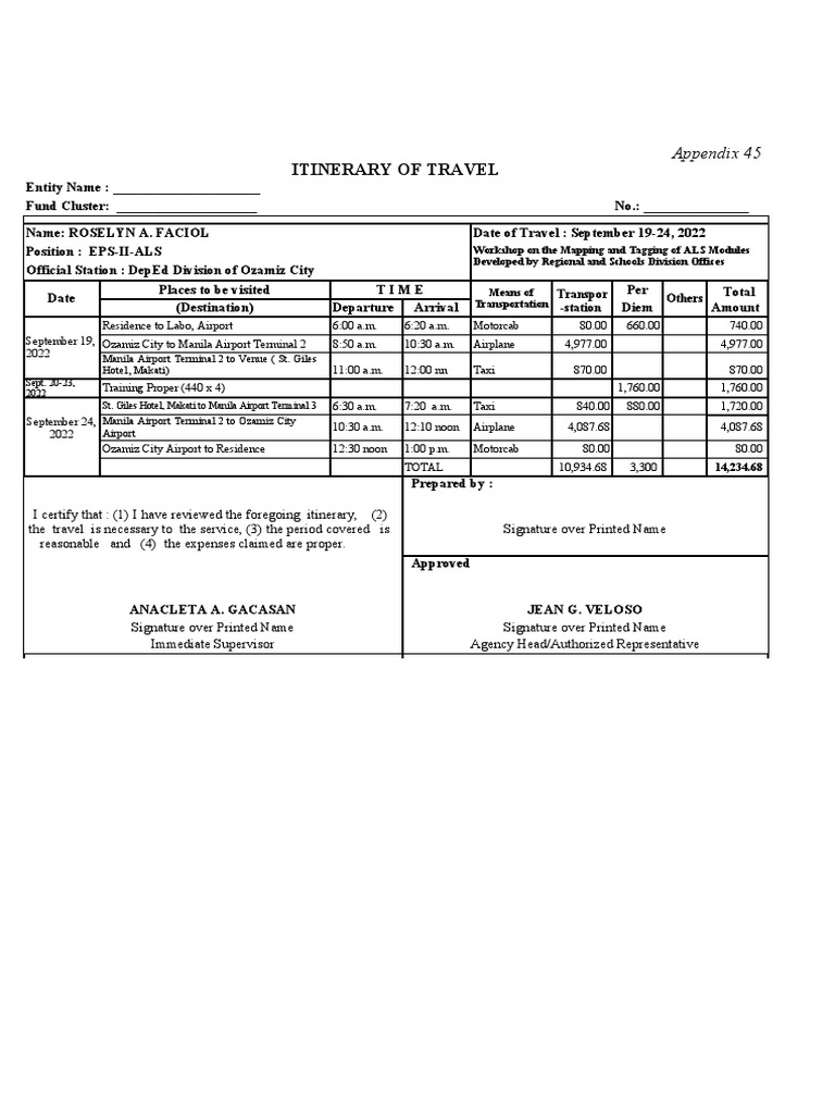 DepEd Travel Itinerary Samples | PDF | Transport | Service Industries