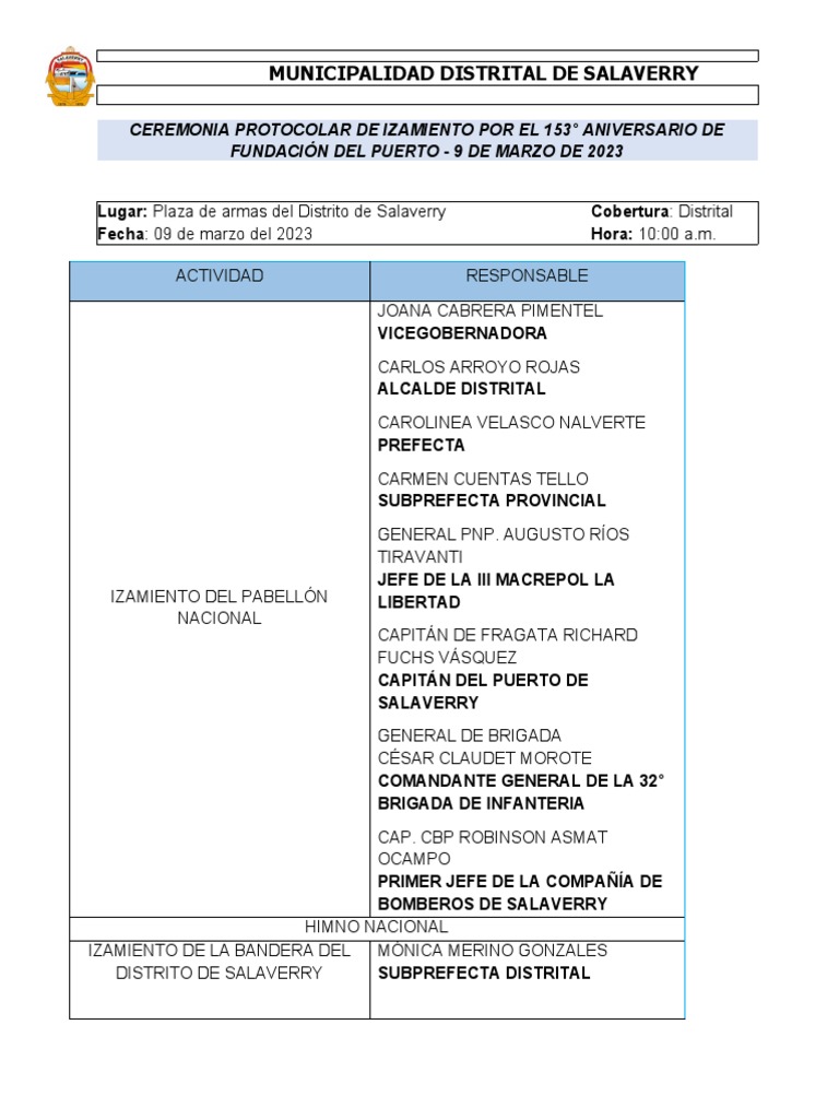 Ceremonia protocolar para conmemorar el 153° aniversario de la fundación del puerto de Salaverry ...