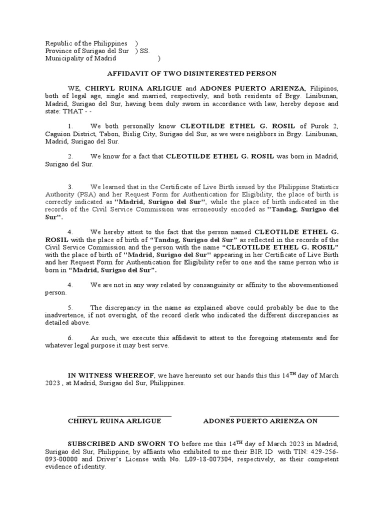 Joint-Affidavit-Of-Two-Disinterested-Persons Rosi | PDF | Affidavit ...