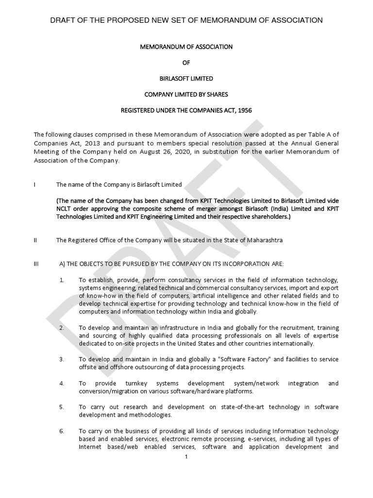 Draft Memorandum of Association | PDF | Securities (Finance) | Stocks