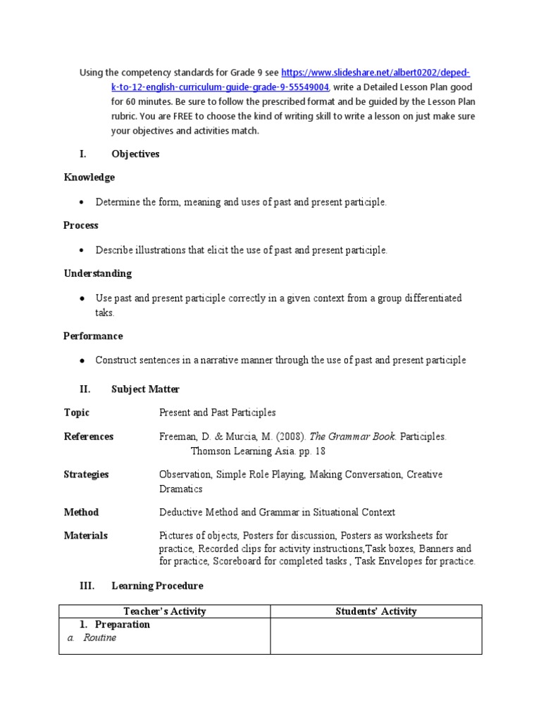 Grade 9 Lesson on Present and Past Participles | PDF | Verb | Lesson Plan