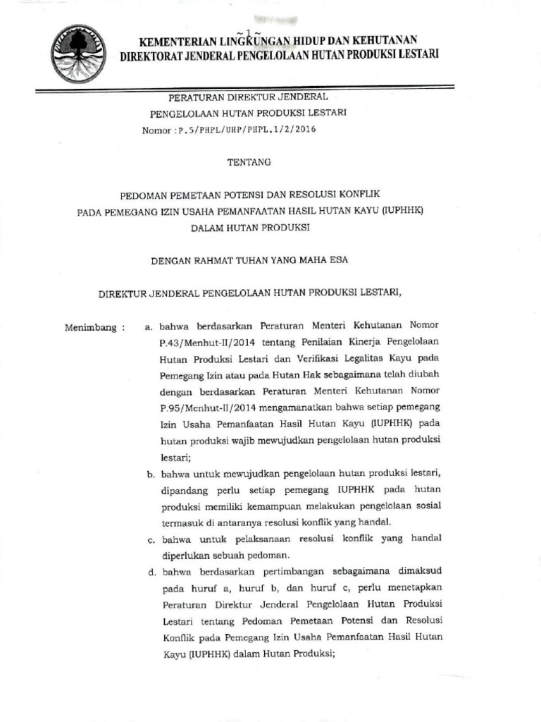 Perdirjen PHPL 5 Tahun 2016 TTG Pedoman Pemetaan Dan Resolusi Konflik Pada Peemegang IUPHHK ...