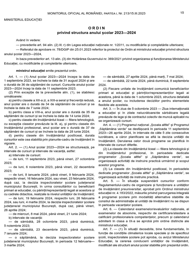 Ordin Structura Anului Scolar 2023 2024 | PDF