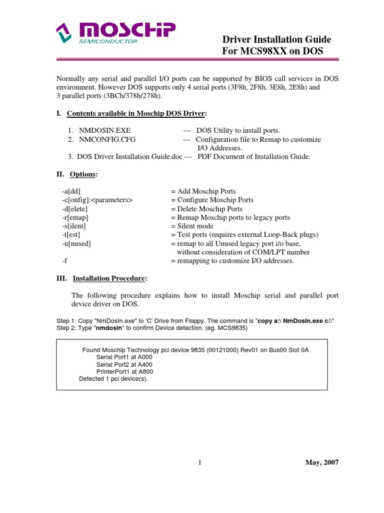 Moschip Semiconcctor DOS Driver Installation Guide | PDF | Dos | Personal Computers