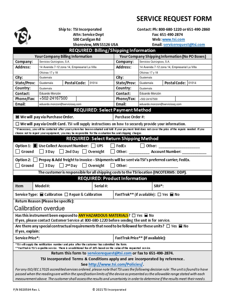 TSI Shoreview Service Request Form 9020564L | PDF | Calibration ...