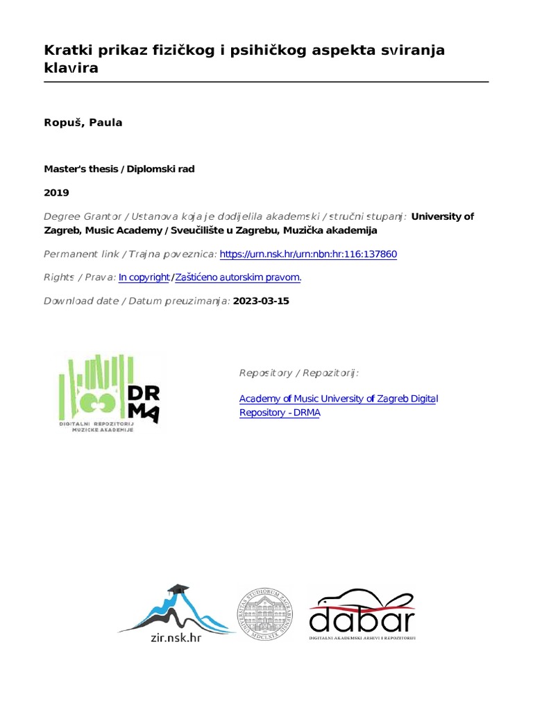 Kratki Prikaz Fizičkog I Psihičkog Aspekta Sviranja Klavira | PDF