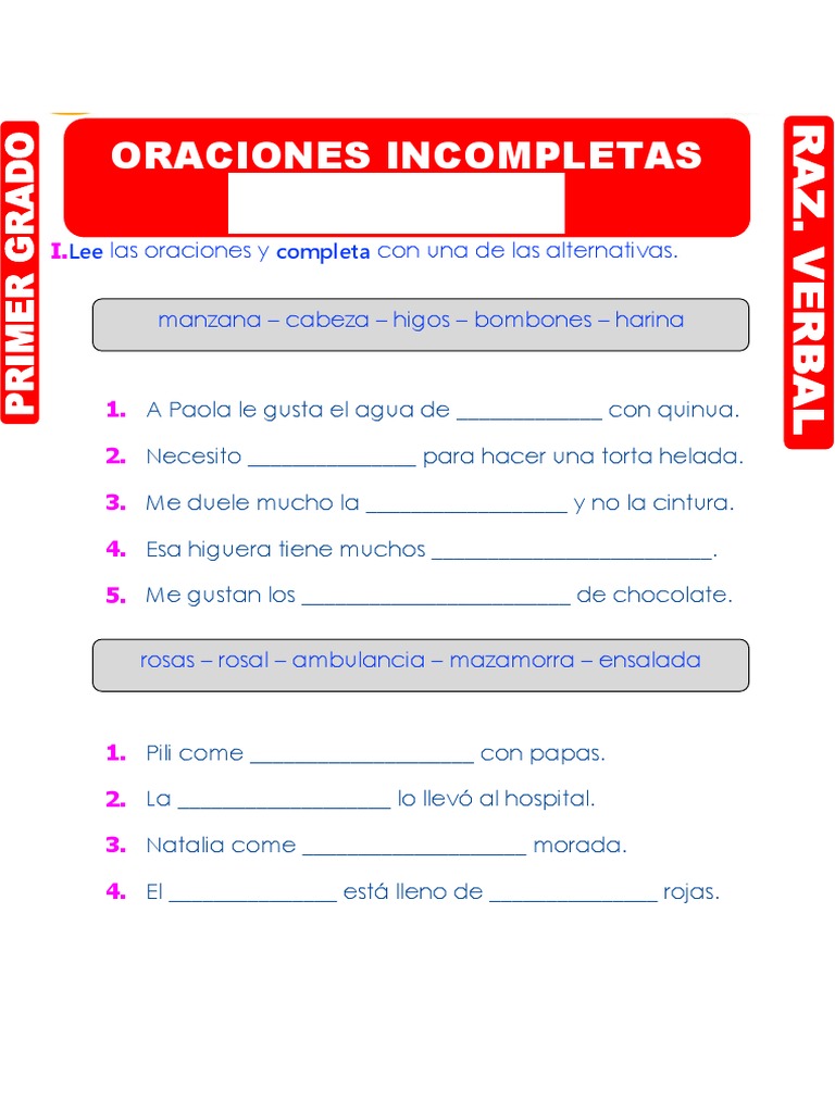 Oraciones Incompletas para Niños para Primer Grado de Primaria | PDF