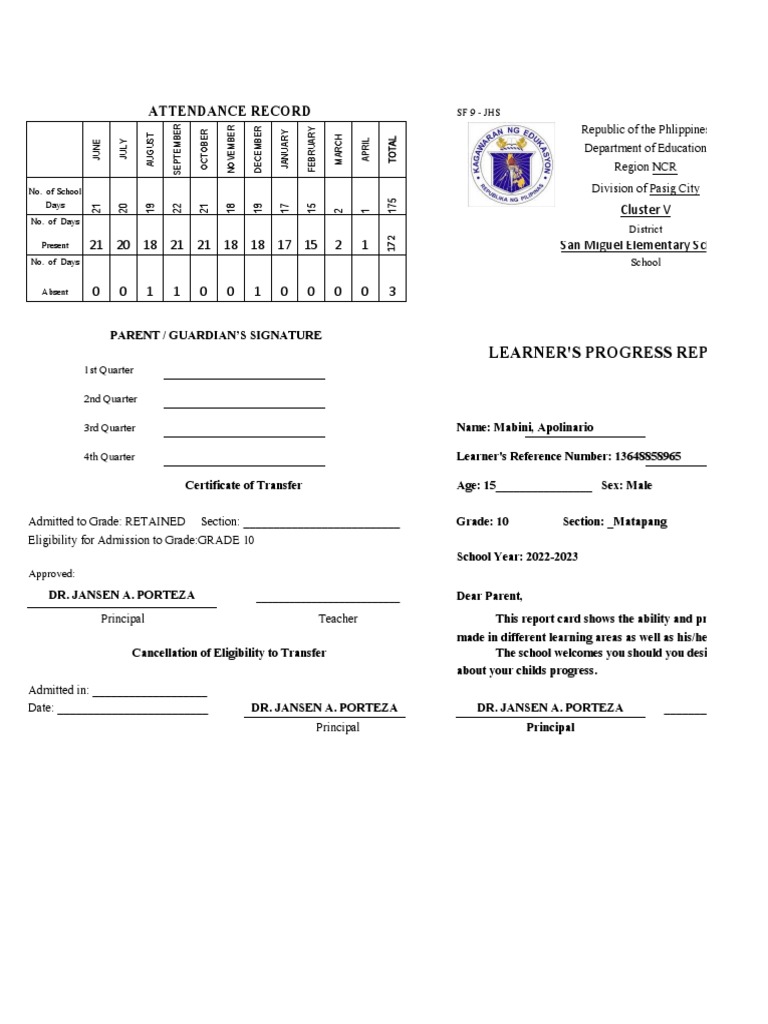 JHS ( (Learner's Progress Report Card B) - 1 JPSUMASTRE | PDF | Learning | Cognition