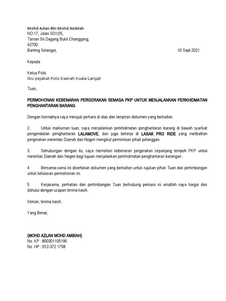 Surat Rasmi Permohonan Merentas Daerah Dan Negeri Sepanjang PKP Ke Ipd ...