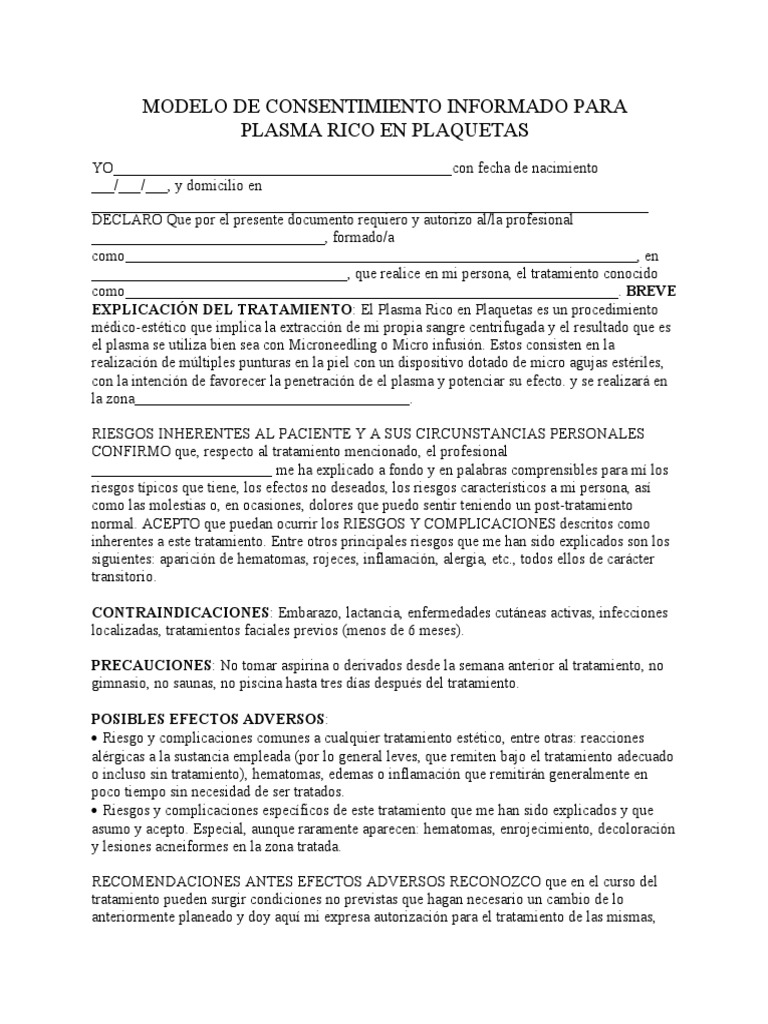 Modelo de Consentimiento Informado para Plasma | PDF