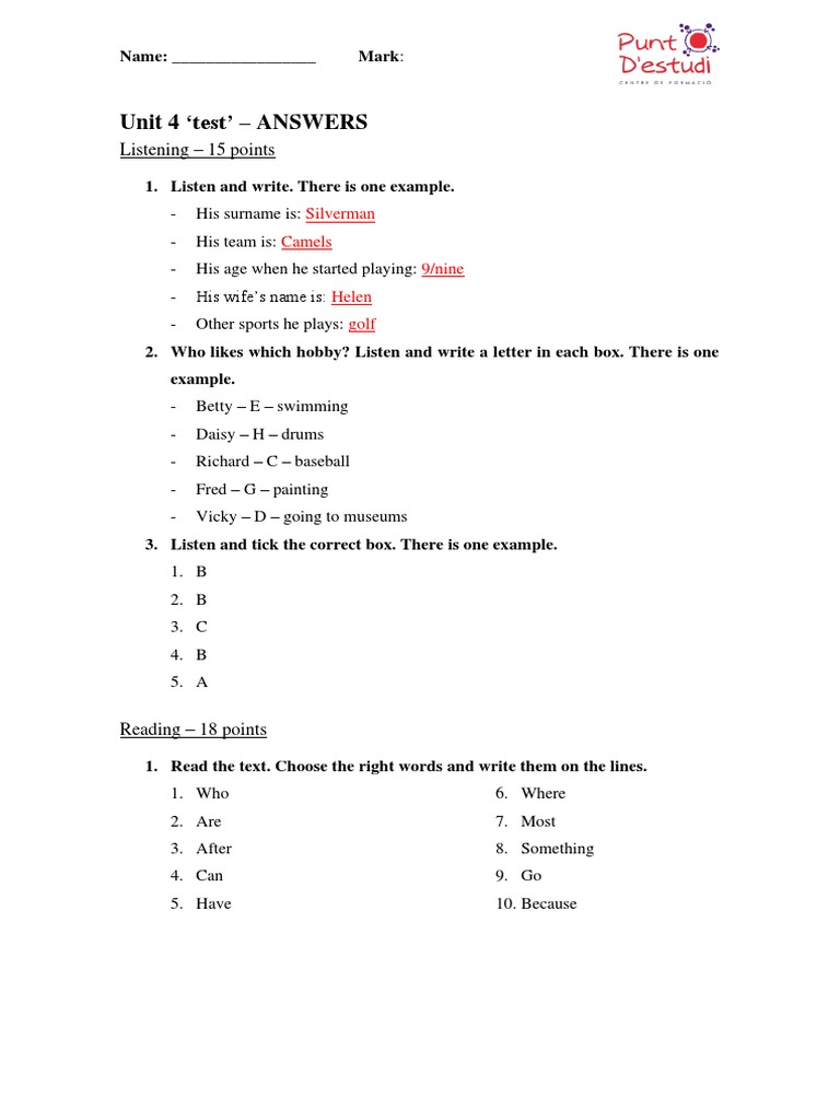 Unit 4 Test Answer Key | PDF